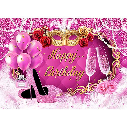 7x5ft Pink Happy Birthday Backdrop High Heel Mask Pink Glitter Backdrop for Birthday Party 50th 70th Birthday Backdrop in Pink Birthday Backdrop for Women