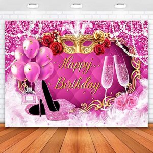 7x5ft Pink Happy Birthday Backdrop High Heel Mask Pink Glitter Backdrop for Birthday Party 50th 70th Birthday Backdrop in Pink Birthday Backdrop for Women