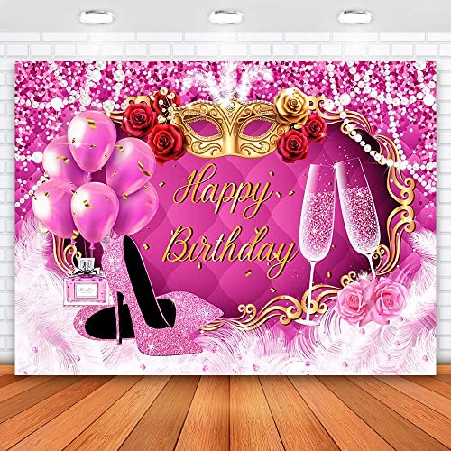 7x5ft Pink Happy Birthday Backdrop High Heel Mask Pink Glitter Backdrop for Birthday Party 50th 70th Birthday Backdrop in Pink Birthday Backdrop for Women