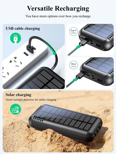 Power-Bank-Solar-Portable-Charger - 40000mAh Power Bank Large Capacity Built in 3 Output and 1 Input Cables and Flashlight 5V3.1A Quick Charge Compatible with All Smart Phones and USB Devices(Black)