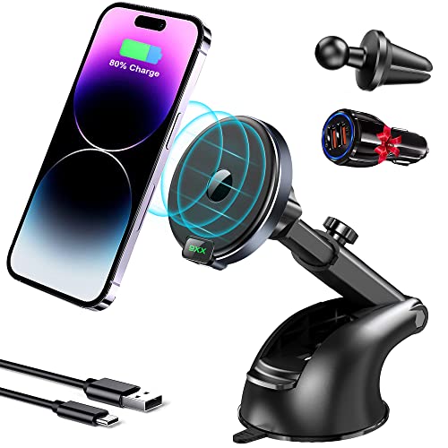 9XX Magnetic Wireless Car Charger for iPhone 14 13 12 Pro Max Mini Samsung w/MagSafe Style Cases - 15W Fast Charge, 360° Rotation, Military-Grade Suction Mount - Ultimate Magsafe Car Mount Charger