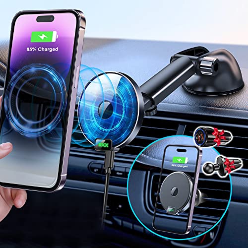 9XX Magnetic Wireless Car Charger for iPhone 14 13 12 Pro Max Mini Samsung w/MagSafe Style Cases - 15W Fast Charge, 360° Rotation, Military-Grade Suction Mount - Ultimate Magsafe Car Mount Charger