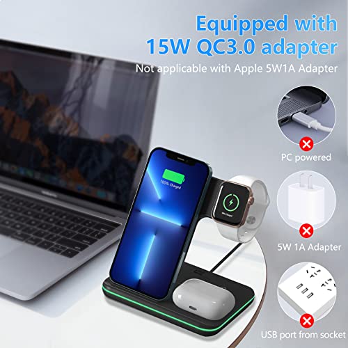 ZEBRE Wireless Charger 3 in 1, 15W Fast Charging Station Compatible with iPhone 14/13/12/11/Pro/Max/XS/Max/XR/XS/Samsung Galaxy Series, for Watch Ultra/8/7/6/5/4/3/2/1, AirPods 2/3/Pro