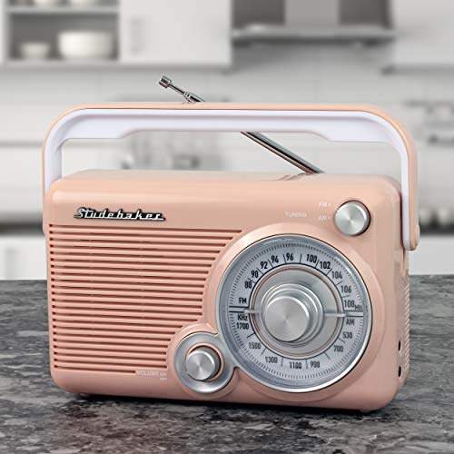 Studebaker SB2002RG Portable AM/FM Radio with Headphone Jack and aux-in Jack (Rose Gold/White)