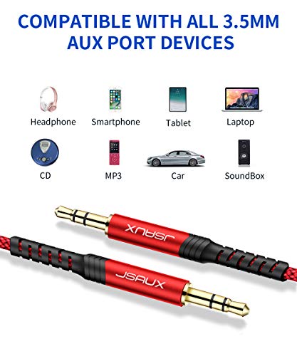 JSAUX 2 Pack AUX Cable, [4ft/1.2m- Copper Shell, Hi-Fi Sound] 3.5mm TRS Auxiliary Audio Cable Nylon Braided Aux Cord Compatible for Car/Home Stereos,Speaker,Headphones,Sony,Echo Dot,Beats - Red