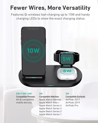 Wireless Charging Stand, 3 in 1 Wireless Charger Dock Station, Fast Wireless Charger 3 in 1 Compatible with Cell Phone, Smart Watch and TWS Earbuds (No AC Adapter)