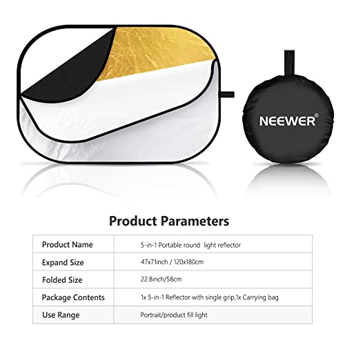 NEEWER 47"x71"/120x180cm Light Reflectors for Photography, Portable 5 in 1 Collapsible Multi Disc with Bag - Translucent, Silver, Gold, Black, White Diffuser for Studio and Outdoor Lighting