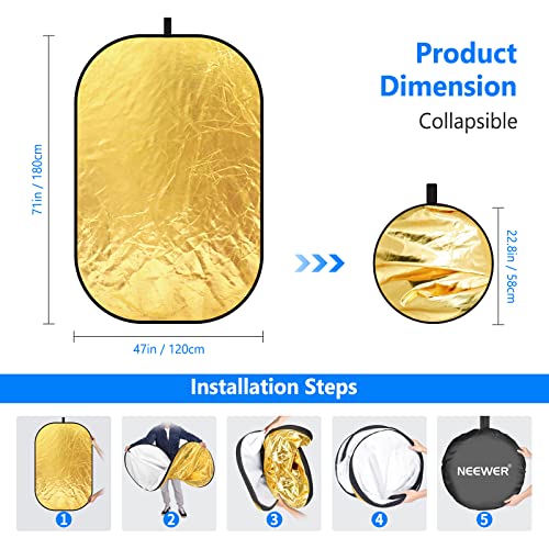 NEEWER 47"x71"/120x180cm Light Reflectors for Photography, Portable 5 in 1 Collapsible Multi Disc with Bag - Translucent, Silver, Gold, Black, White Diffuser for Studio and Outdoor Lighting