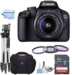 eos 3000d / rebel t100 dslr camera with ef-s 18-55mm zoom lens + sandisk 64gb memory card + full size tripod + case + 58mm filter kit + model electronics cloth (renewed)