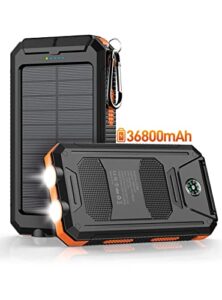 power-bank-portable-charger-solar – 36800mah waterproof portable external backup battery charger built-in dual qc 3.0 5v3.1a fast usb and flashlight for all phone and electronic devices (orange)