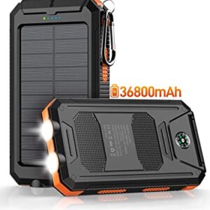 Power-Bank-Portable-Charger-Solar - 36800mAh Waterproof Portable External Backup Battery Charger Built-in Dual QC 3.0 5V3.1A Fast USB and Flashlight for All Phone and Electronic Devices (Orange)