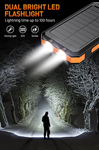 Power-Bank-Portable-Charger-Solar - 36800mAh Waterproof Portable External Backup Battery Charger Built-in Dual QC 3.0 5V3.1A Fast USB and Flashlight for All Phone and Electronic Devices (Orange)