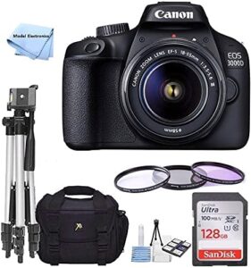 eos 3000d / rebel t100 dslr camera with ef-s 18-55mm zoom lens + sandisk 128gb memory card + full size tripod + case + 58mm filter kit + model electronics cloth (renewed)