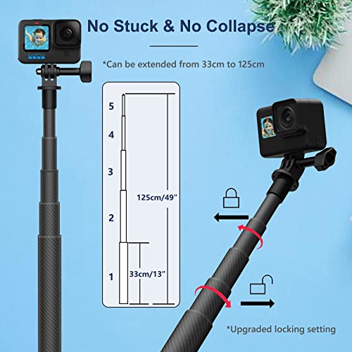 UNIXYZ 49" Invisible Selfie Stick with Tripod Phone Clip for GoPro Insta360, Waterproof Carbon Fiber Extension Pole Handle Monopod for Go Pro Max Mini Hero 11 10 9 8 7 Insta 360 X2 X3 DJI Action 2 3