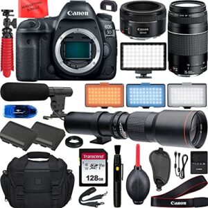 canon eos 5d mark iv dslr camera bundle with ef 50mm f/1.8 stm, ef 75-300mm f/4-5.6 iii lens, 500mm f/8.0 preset manual focus lens, portable led light, microphone, extra lp-e6 battery + more 1483c002