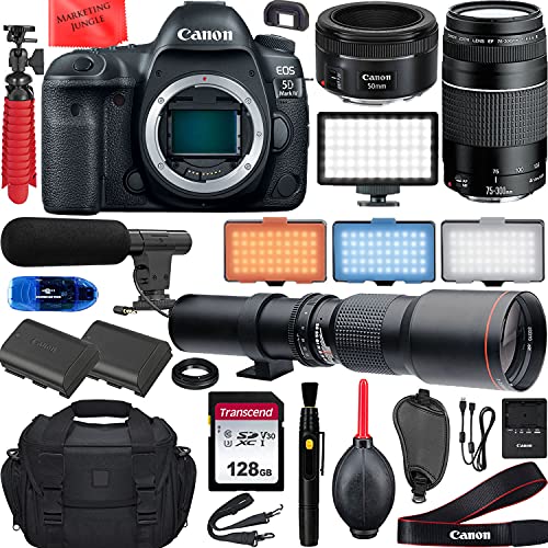 Canon EOS 5D Mark IV DSLR Camera Bundle with EF 50mm f/1.8 STM, EF 75-300mm f/4-5.6 III Lens, 500mm f/8.0 Preset Manual Focus Lens, Portable LED Light, Microphone, Extra LP-E6 Battery + More 1483C002