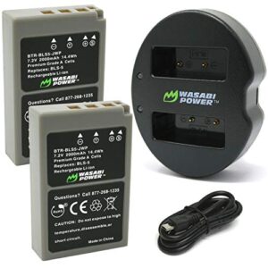 wasabi power battery (2-pack), dual charger for olympus bls-5, bls-50, ps-bls5, bls-1, ps-bls1, e-420, e-450, e-600, e-620, pen e-p1, e-p2, e-p3, e-pl1, e-pl3, e-pm1, om-d e-m10 mark ii, iii, iiis, iv