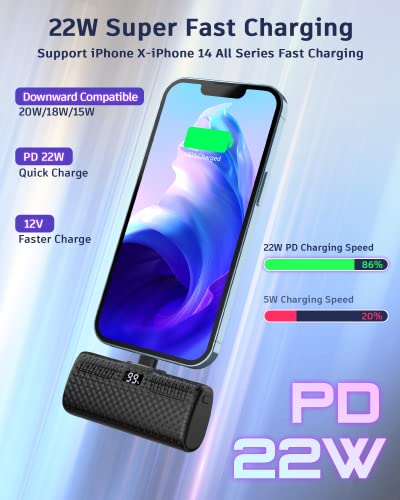 GIN FOXI Portable Charger for iPhone, 22W PD Super Fast Charging Upgraded 5000mAh Small Portable Charger Power Bank Smart LCD Display Mini Portable Phone Charger Battery Pack for iPhone Airpods, Black