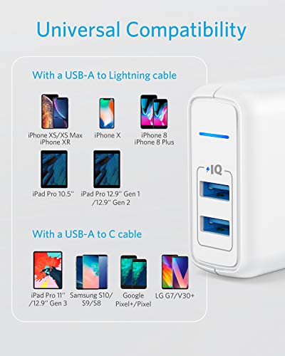 USB Charger, Anker Elite Dual Port 24W Wall Charger, PowerPort 2 with PowerIQ and Foldable Plug, for iPhone 11/Xs/XS Max/XR/X/8/7/6/Plus, iPad Pro/Air 2/Mini 3/Mini 4, Samsung S4/S5, and More