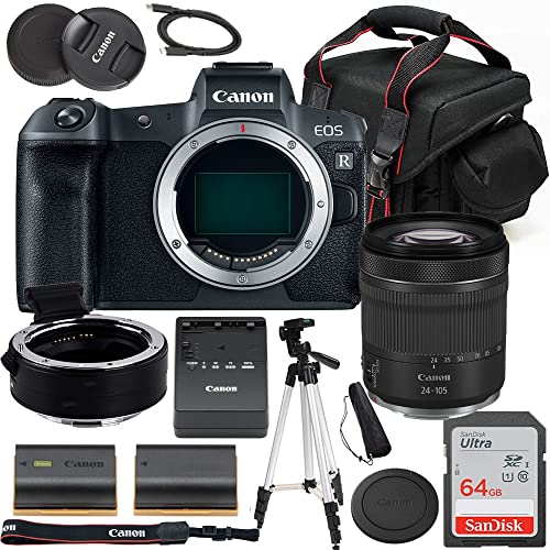 Canon EOS R Full Frame Mirrorless Camera with RF 24-105mm Lens Bundle + EOS R Mount Adapter + 64GB Ultra High Speed Memory Card + Accessories Including Extra Battery, Case and Tripod (Renewed)