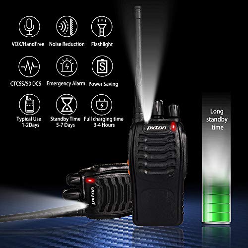 pxton Walkie Talkies Long Range for Adults with Earpieces,16 Channel Walky Talky Rechargeable Handheld Two Way Radios with Flashlight Li-ion Battery and Charger（4 Pack）