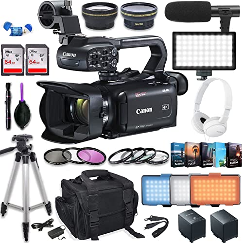 Canon XA40 Professional UHD 4K with Sony Headset, Video LED Light, 2 x 64gb Memory Card, Video/Photo Creator Software, Wide-Angle and Telephoto Lenses, Microphone and More (33pc Bundle) (Renewed)