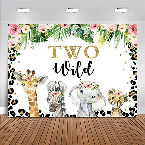 Mocsicka Two Wild Backdrop for Girl Jungle Safari Animals 2nd Birthday Party Decoration 7x5ft Floral Leopard Photo Background for Birthday Banner (7x5ft (82x60 inch))