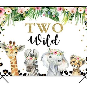 Mocsicka Two Wild Backdrop for Girl Jungle Safari Animals 2nd Birthday Party Decoration 7x5ft Floral Leopard Photo Background for Birthday Banner (7x5ft (82x60 inch))