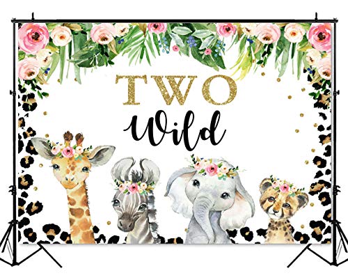 Mocsicka Two Wild Backdrop for Girl Jungle Safari Animals 2nd Birthday Party Decoration 7x5ft Floral Leopard Photo Background for Birthday Banner (7x5ft (82x60 inch))