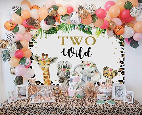 Mocsicka Two Wild Backdrop for Girl Jungle Safari Animals 2nd Birthday Party Decoration 7x5ft Floral Leopard Photo Background for Birthday Banner (7x5ft (82x60 inch))