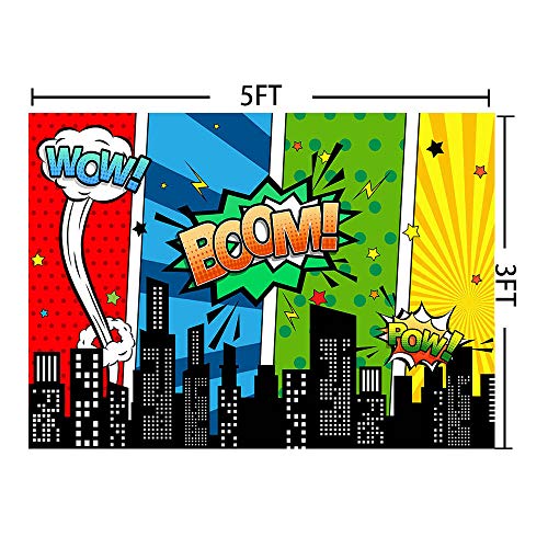 Superhero Super City Photography Backdrop Skyline Buildings Kids Boys Happy Birthday Party Banner Supplies Baby Shower Background Photo Studio Props 5x3ft Vinyl