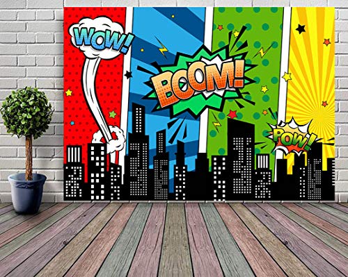 Superhero Super City Photography Backdrop Skyline Buildings Kids Boys Happy Birthday Party Banner Supplies Baby Shower Background Photo Studio Props 5x3ft Vinyl