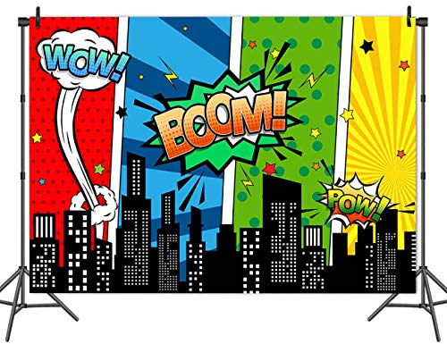 Superhero Super City Photography Backdrop Skyline Buildings Kids Boys Happy Birthday Party Banner Supplies Baby Shower Background Photo Studio Props 5x3ft Vinyl