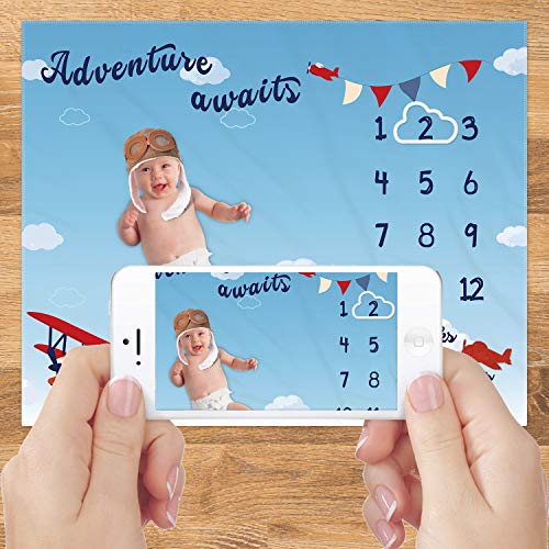 Airplane Monthly Milestone Blanket Adventure with Pilot Hat and Picture Frames Aircraft Growth Tracker Calendar Soft Plush Fleece Photography Prop Backdrop Newborn Baby Boy Shower Gift 40" X 50"