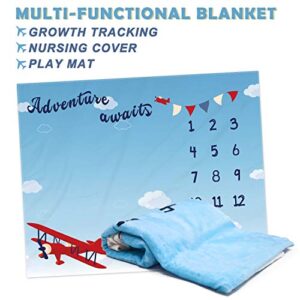 Airplane Monthly Milestone Blanket Adventure with Pilot Hat and Picture Frames Aircraft Growth Tracker Calendar Soft Plush Fleece Photography Prop Backdrop Newborn Baby Boy Shower Gift 40" X 50"