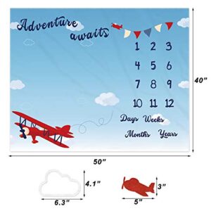 Airplane Monthly Milestone Blanket Adventure with Pilot Hat and Picture Frames Aircraft Growth Tracker Calendar Soft Plush Fleece Photography Prop Backdrop Newborn Baby Boy Shower Gift 40" X 50"