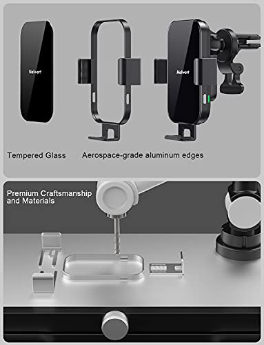 Nalwort Wireless Car Charger 15W Qi Fast Charge with Metal Frame Dashboard and Air Vent Phone Holder Auto Clamping Wireless Car Charger Mount Compatible for iPhone 14/13/12, Samsung S20/S10 and More