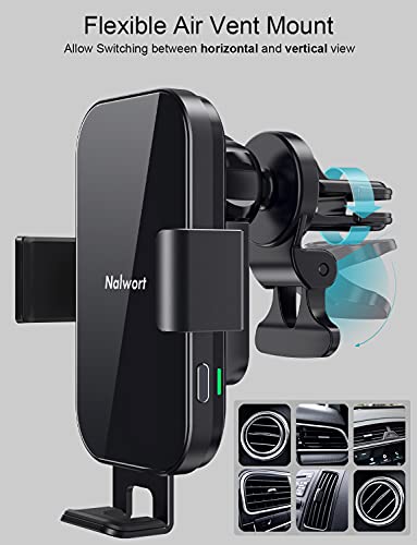 Nalwort Wireless Car Charger 15W Qi Fast Charge with Metal Frame Dashboard and Air Vent Phone Holder Auto Clamping Wireless Car Charger Mount Compatible for iPhone 14/13/12, Samsung S20/S10 and More