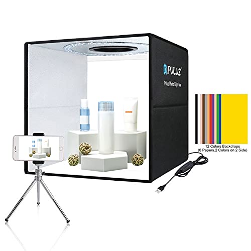 Photo Studio Box, PULUZ 40cm Folding Lightbox LED Ring Light Portable Photo Studio Photography Shooting Tent Box Kit 12 Colors Backdrops USB Light Box for Phones DSLR Camera 16 x 16 inch