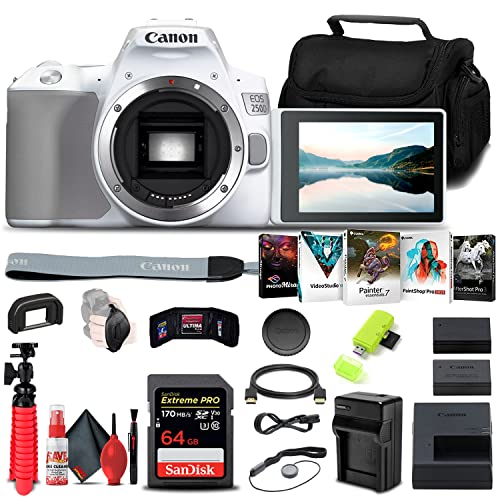 Canon EOS 250D / Rebel SL3 DSLR Camera (Body Only) + (White) 64GB Memory Card + LPE17 Battery + External Charger + Card Reader + Corel Photo Software + Case + Flex Tripod + More (Renewed)