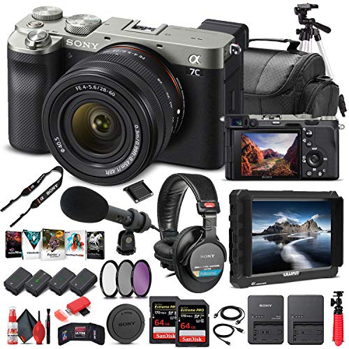 Sony Alpha a7C Mirrorless Digital Camera with 28-60mm Lens (Silver) ILCE7CL/S + 4K Monitor + Headphones + Pro Mic + 2 x 64GB Memory Card + 3 x NP-FZ-100 Battery + Corel Photo Software + More (Renewed)