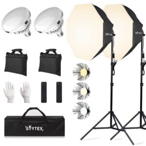 octa softbox lighting kit, skytex upgrade continuous photography lighting kit with sandbags, 28in diameter octa soft box | 135w 2700-6400k led bulb, studio lights for photo shooting, video recording