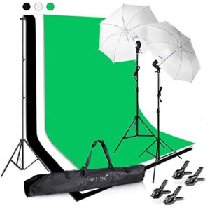 hyj-inc photography photo video studio background stand support kit with 3 muslin backdrop kits (white/black/chromakey green screen kit),1050w 5500k daylight umbrella lighting kit with carry bag