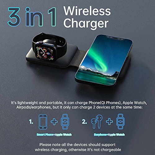 DREU Magnetic Foldable Charging Pad Portable Wireless Chargers 3 in 1, Fast Wireless Charging Station Compatible with QI Phones, iPhone 14/13/12/SE/11/XS/8, Samsung, AirPods Pro, Ap-ple Watches