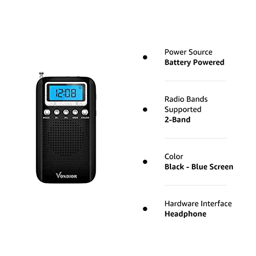 Digital AM FM Portable Pocket Radio with Alarm Clock- Best Reception and Longest Lasting. AM FM Compact Radio Player Operated by 2 AAA Battery, Stereo Headphone Socket (Black), by Vondior