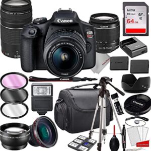 Rebel T7 DSLR Camera with 18-55mm f/3.5-5.6 is II Zoom Lens & 75-300mm III Lens Bundle + 64GB Memory, Case, Tripod, Extra Battery and More