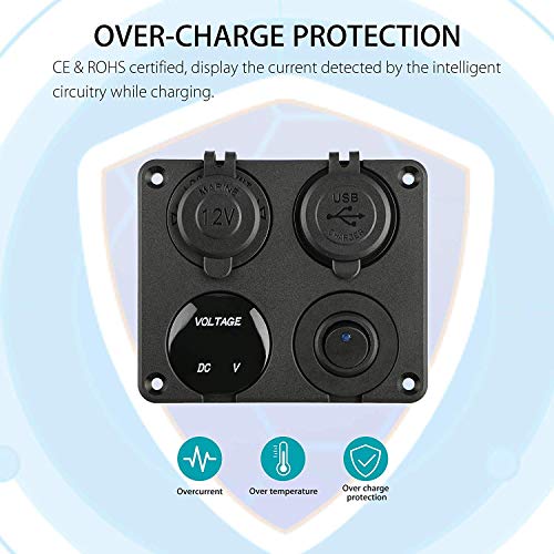 Linkstyle 4 in 1 Charger Socket Panel, 12V 4.2A Dual USB Charger Socket Power Outlet & LED Voltmeter & Cigarette Lighter Socket & LED Lighted ON Off Rocker Toggle Switch for Car Marine Boat RV Truck