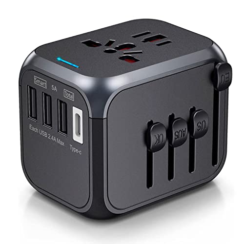 Universal Travel Adapter - International Worldwide Plug Kit, Type C + 3 USB Power Charger, 200 Countries - UK, European, Asia, Israel, India, Italy, Argentina, France, New Zealand, Australia and etc.