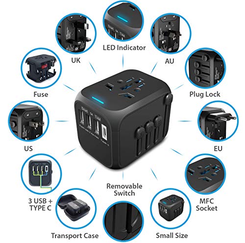 Universal Travel Adapter - International Worldwide Plug Kit, Type C + 3 USB Power Charger, 200 Countries - UK, European, Asia, Israel, India, Italy, Argentina, France, New Zealand, Australia and etc.