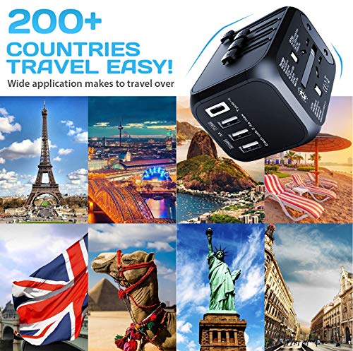 Universal Travel Adapter - International Worldwide Plug Kit, Type C + 3 USB Power Charger, 200 Countries - UK, European, Asia, Israel, India, Italy, Argentina, France, New Zealand, Australia and etc.